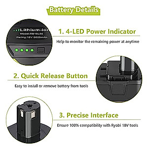 KUNLUN 2Pack 6.0Ah 18-Volt Replacement for Ryobi 18V Lithium Battery ONE+ Plus P108 P102 P103 P104 P105 P107 P109 P122 PBP005 RB18L50 Cordless Power Tools