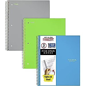 Five Star Spiral Notebooks, 1 Subject, College Ruled Paper, 100 Sheets, 11" x 8-1/2", Teal, Lime, Gray, 3 Pack (73053)