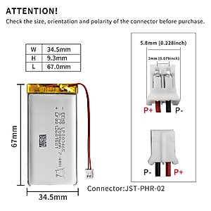 EEMB Lithium Polymer Battery 3.7V 2000mAh 803465 Lipo Rechargeable Battery Pack with Wire JST Connector for Speaker and Wireless Device- Confirm Device & Connector Polarity Before Purchase
