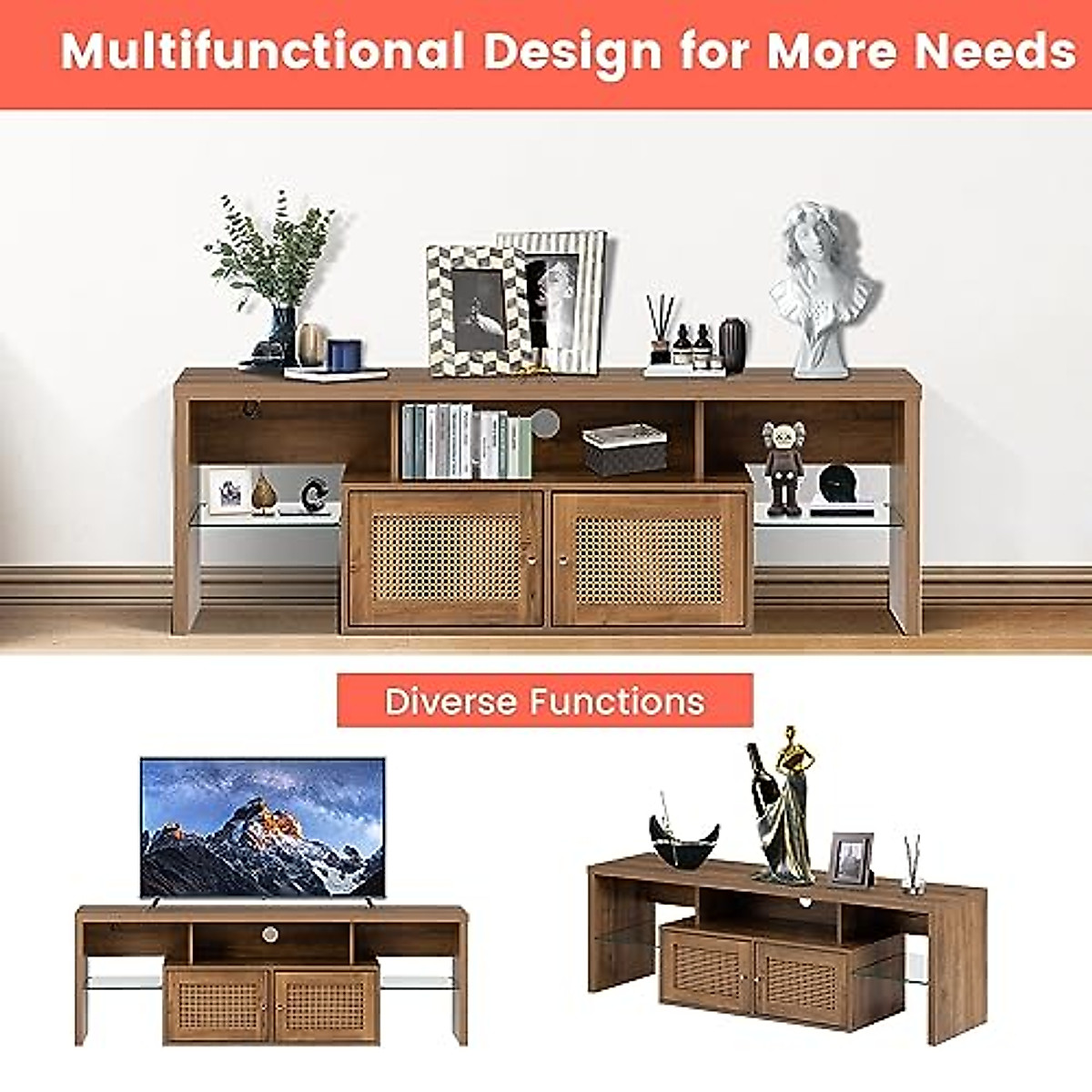Lyromix LED TV Stand for Televisions up to 70 Inches Modern Rattan Entertainment Center with Cabinet Storage and 2 Door, Large Boho Media Console Table for Living Room, Natural