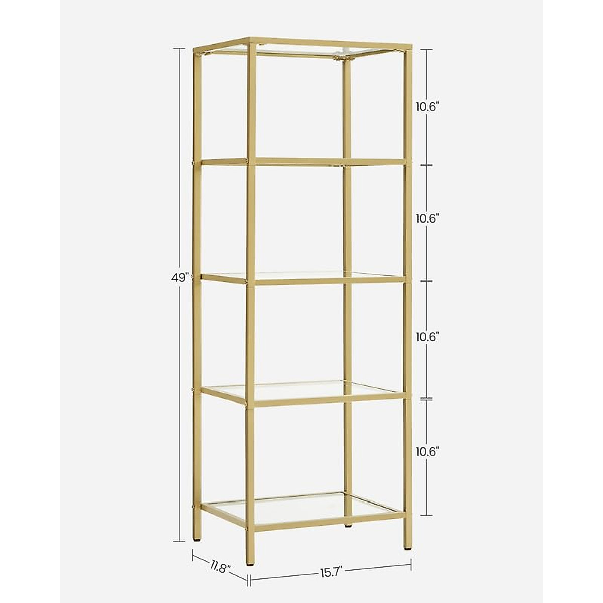 VASAGLE Bookcase, 5-Tier Bookshelf, Slim Shelving Unit for Bedroom, Bathroom, Home Office, Tempered Glass, Steel Frame, Gold Color ULGT029A01