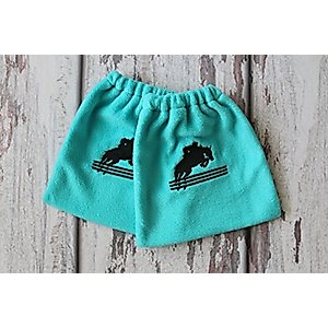 English Stirrup Covers, Stirrup Bag, Equine Iron Covers, Elastic Closing, Turquoise, Embroidered Jumping Horse and Rider