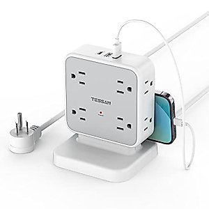 Power Strip Tower Surge Protector, TESSAN 8 AC Outlets with 3 USB (1 USB C Port), 5 FT Flat Plug Extension Cord with 900 Joules Protection, Desk Charging Station for Home Office Supplies, Dorm Room