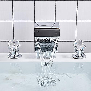 FUZ High Arc Waterfall Spout Bathroom Sink Faucet 3 Holes 2 Crystal Knobs Vanity Basin Mixer Tap 8-inch and Upwards Widespread Bathtub Filler Faucet,Chrome Finish
