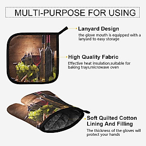 Vintage Red White Wine Grapes Wooden Oven Mitts Quilted Cotton Lining Potholders BBQ Gloves-Oven Mitts and Pot Holders Heat Resistant Kitchen Gloves Safe Mats for Baking Cooking