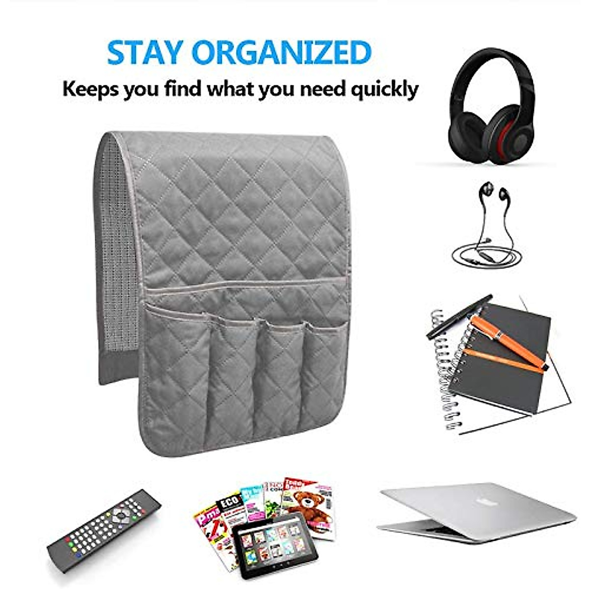 WubbaLubba Sofa Armrest Organizer Non-Slip Arm Chair Bedside Caddy Storage Organizer for Recliner Couch with 5 Pockets for Cell Phone TV Remote Control Magazines(Grey)