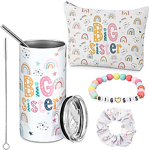 Sieral 4 Pcs Big Sister Gifts for Girls Cute Big Sister Makeup Bag 14oz Stainless Steel Tumbler Scrunchies Big Sister Bracelet for Little Girls of New Baby Christmas Birthday(Multicolor,Rainbow)