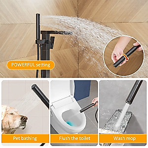 BESy Freestanding Bathtub Faucet Waterfall Tub Filler Oil Rubbed Bronze Floor Mount Brass Single Handle Bathroom Tub Faucets with 2 Function Hand Shower Wand