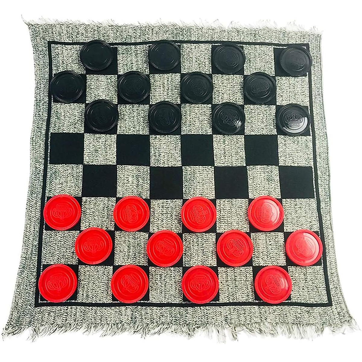 YH Poker 3 in 1 Giant Checkers Set and Tic Tac Toe Game with Reversible Rug - Indoor and Outdoor Board Game for Family, Great for Camping, Backyard, Lawn Game and Other Activities