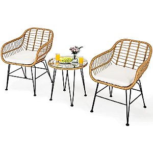 topment Bistro Table and Chairs Set of 2, Outdoor Patio Rattan Chair & Tempered Glass Coffee Table Set w/Removable Washable Beige Cushion Cafe Set for Indoor Balcony, Poolside, Garden (Pale Brown)