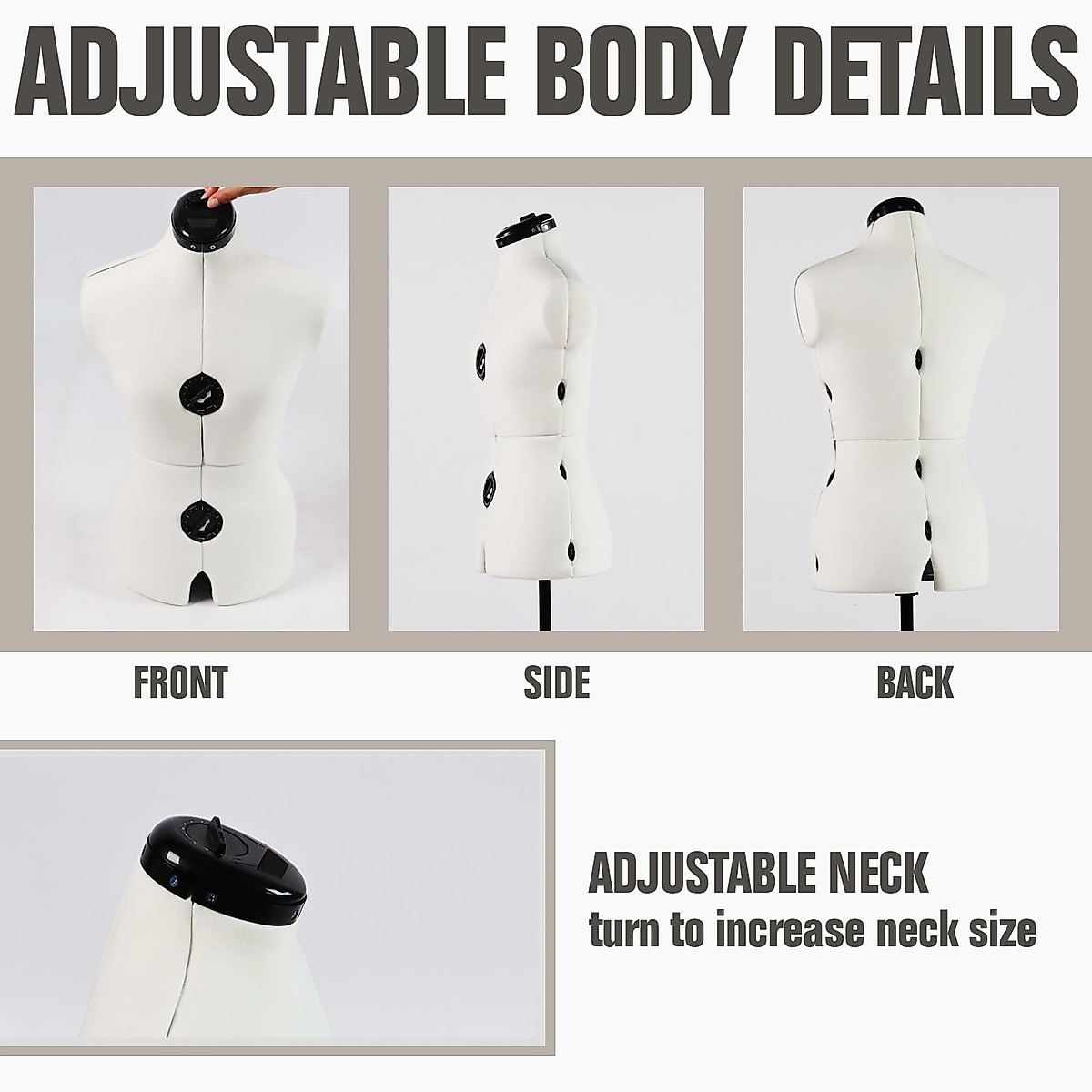 PDM WORLDWIDE Beige Adjustable Dress Form Mannequin for Sewing Female Size 6-14, Pinnable Model Body with 13 Dials, Detachable Casters, 42.5"-60" Height Range for Clothing Display, Small to Medium