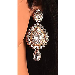 Touchstone Indian Bollywood Desire Contemporary Diamond Look White Rhinestone Designer Jewelry Chandelier Earrings In Antique Gold Tone For Women.