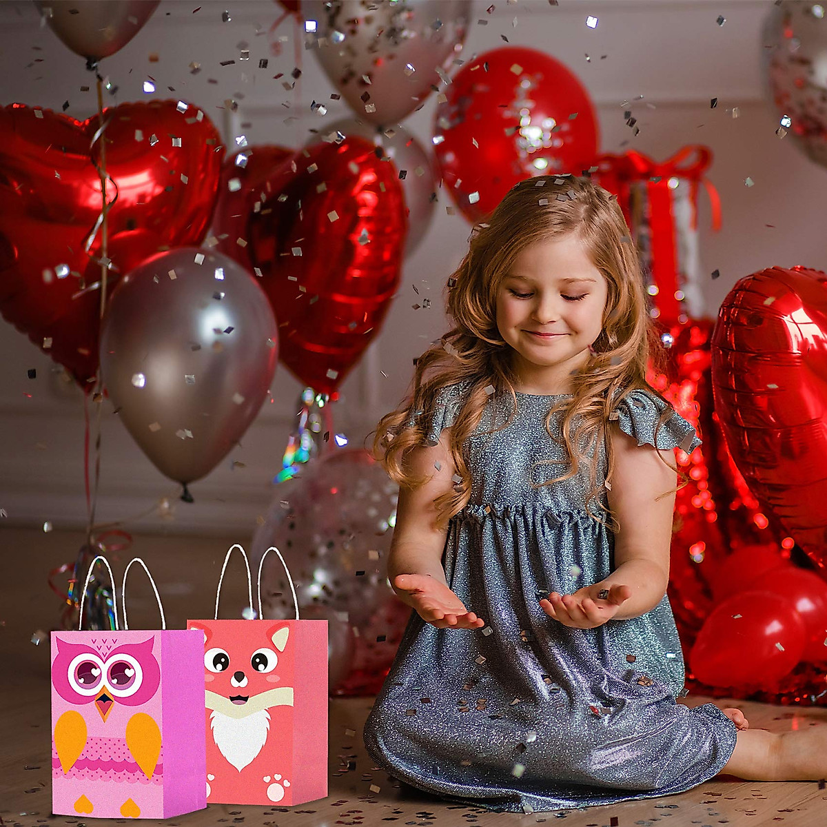 Funnlot Valentine Day Gift Bags For Kids 12PCS Cute Valentine Candy Bags Valentine Treat Bags Animals Valentine Paper Bags With Handles For Chocolate Snacks Valentine Party Favor Bags