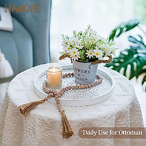 Hanobe Decorative Coffee Table Tray: Round Wood Trays for Boho Home Decor White Farmhouse Rustic Centerpiece for Living Dining Room Ottoman Kitchen Counter 12 Inch