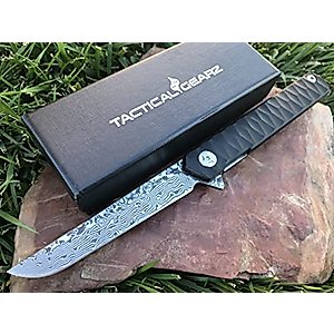 TACTICAL GEARZ Damascus Pocket Knife for EDC! G10 Handle! 67 Multi Layered Damascus Blade & VG10 Core! Includes Sheath! (Vela XT)