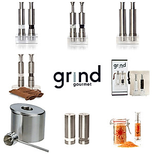 Modern Push Button Salt and Pepper Grinder Set, Grind Gourmet Pump and Grind Sea Salt and Pepper Mill Set with Stand, Refillable Grinder