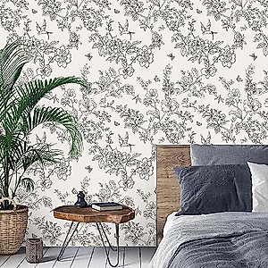Black and White Floral Wallpaper Peel and Stick Wallpaper Floral Contact Paper 17.7 inch×118.1 inch Floral Removable Self Adhesive Wallpaper Flowers Birds Decorative Wallpaper for Cabinets Walls