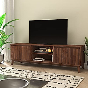 Flash Furniture Hatfield Mid-Century Modern TV Stand For 65+ Inch TV's - Walnut Laminate Finish - 70 Inch Media Center - Adjustable Center Shelf - Soft Close Doors,Dark Walnut