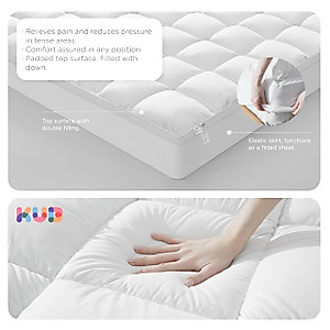 KUB Cotton Mattress Topper, Queen, Cooling Cotton Pillow Top with 8-21 Inch Deep Pocket, 3D Snow Down Alternative Fill, Breathable Fluffy Mattress Pad Cover (White, Queen 80 * 60inch)
