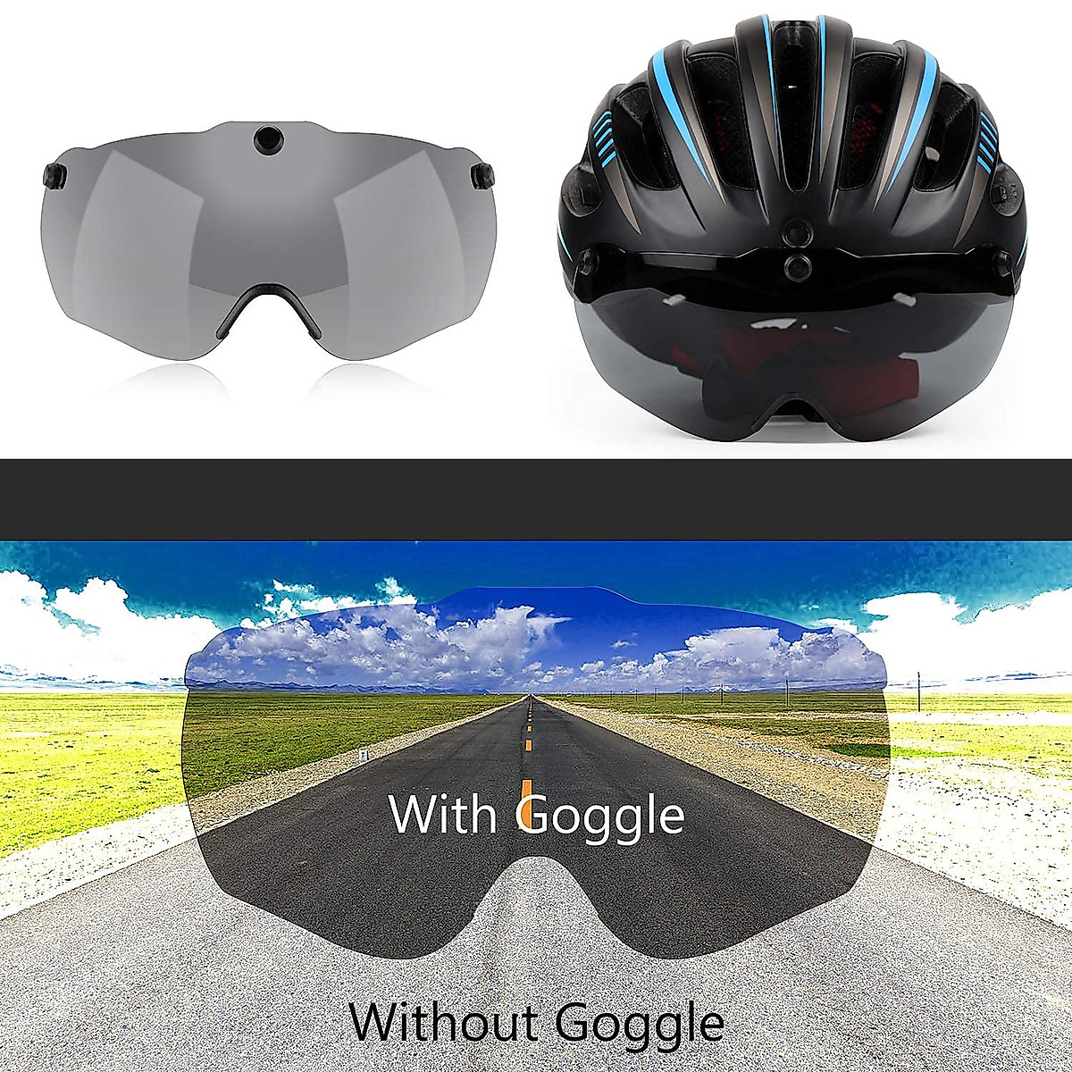 Shinmax Bike Helmet with USB Rechargeable Light & Detachable Magnetic Goggles UV Protective & Carry Bag Reflective Bicycle Helmet Men Women Mountain Road Adjustable Adult Cycling Helmet (WT-049)