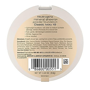 Neutrogena Mineral Sheers Compact Powder Foundation, Lightweight & Oil-Free Mineral Foundation, Fragrance-Free, Classic Ivory 10,.34 oz (Pack of 2)