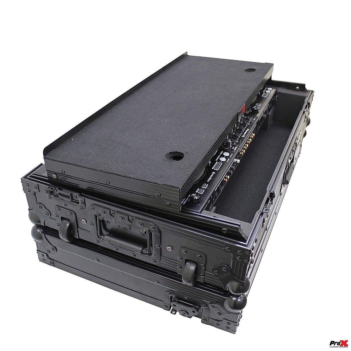 ProX Flight Case for Pioneer DDJSX3/1000 SRT Controller with 2U Rack Space,Sliding Glide Laptop Shelf,Wheels and LED Kit-Black on Black Design-XS-SX1K2UWLTBLLED