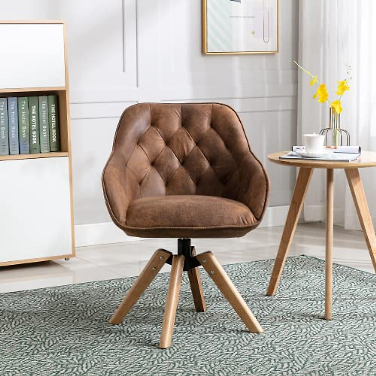 LoLado Swivel Accent Chair, Mid Century Modern Barrel Chair with Wood Legs, Velvet Armchair for Living Room Bedroom Small Spaces(Coffee)
