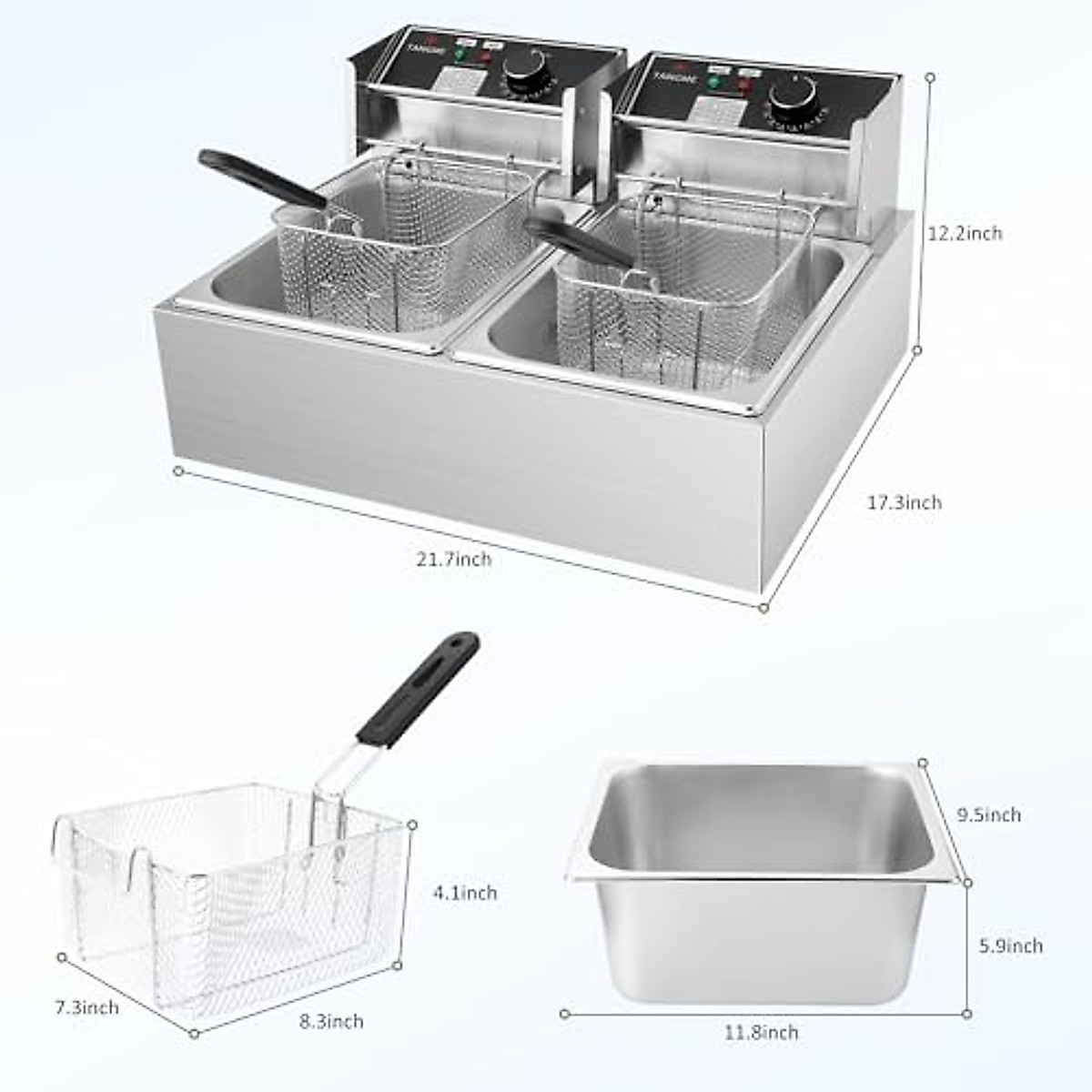 Commercial Deep Fryer, 3400W Electric Deep Fryers with 2x6.35QT Baskets 0.8mm Thickened Stainless Steel Countertop Oil Turkey Fryer 20.7QT Large Capacity with Temperature Limiter