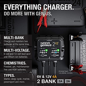 NOCO GENIUS2X2, 2-Bank, 4A (2A/Bank) Smart Car Battery Charger, 6V/12V Automotive Charger, Battery Maintainer, Trickle Charger, Float Charger and Desulfator for Motorcycle, ATV and Lithium Batteries