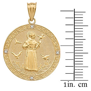 10k Gold Saint Francis Of Assisi Diamond Round Medal Charm Pendant (Medium)