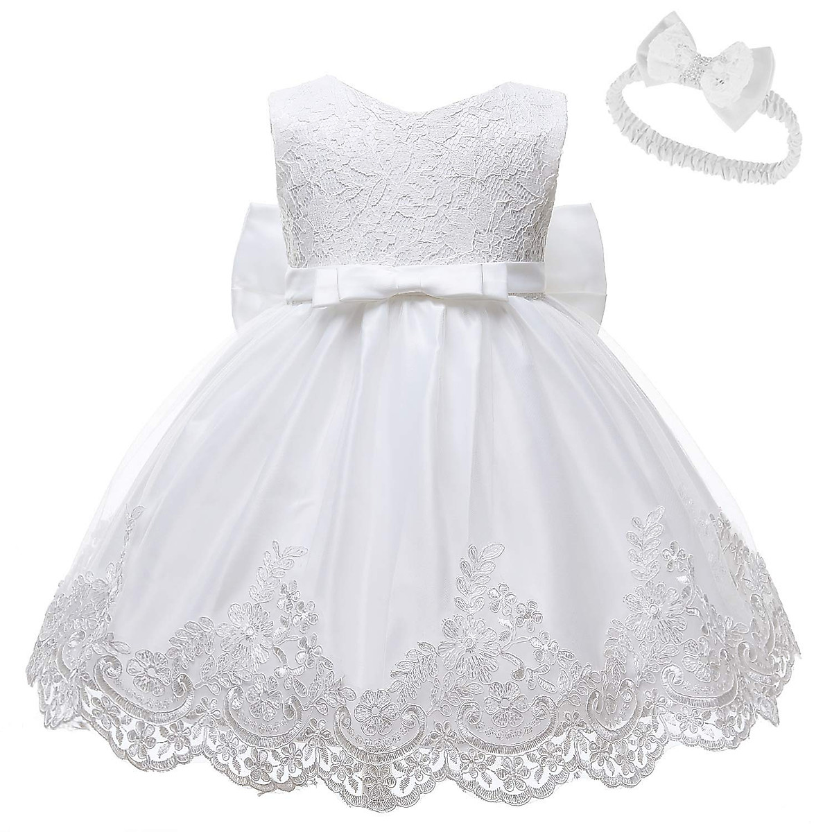 HOIZOSG Baby Christening Dress Lace Pageant Baptism Wedding Formal Bowknot Birthday Party Tutu Flower Girls Dress w/Headwear, White, 3-6M