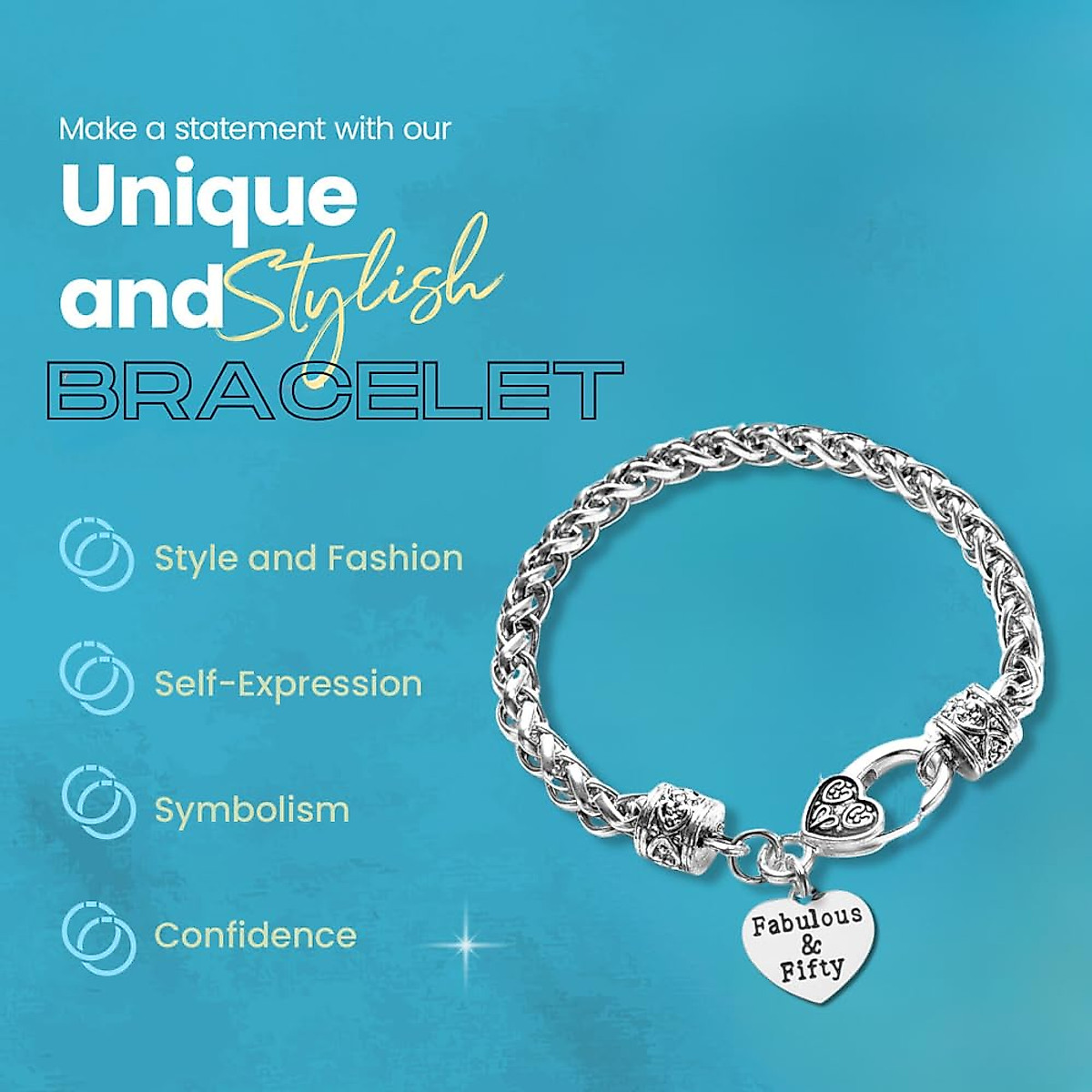 Infinity Collection 50th Birthday Charm Bracelet - Fabulous and Fifty Gift for Her, Unique Birthday Bracelet