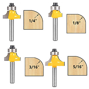 Roundover Router bit Set by TOOLDO ，1/4 inch Shank,4pcs Router bit Set，Bearing Guide for Rounding Edge bit (for R 1/8", 1/4", 3/16", 5/16")