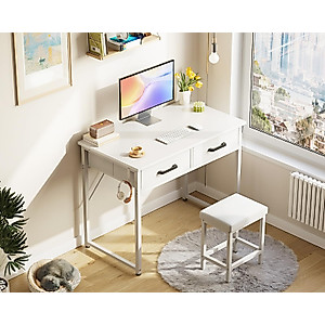 AODK Vanity Desk with 2 Fabric Drawers, 32 Inch Makeup Vanity Without Mirror, Small White Vanity Desk for Bedroom, Makeup Vanity Table with Chair, Kids Girls Vanity Set, White