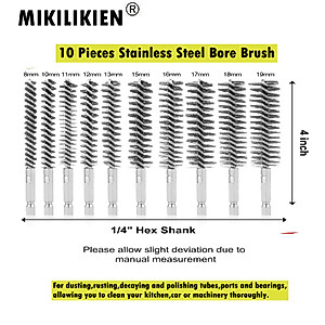MIKILIKIEN Stainless-Steel Bore Brush for Drill,Wire Brush Set for Power Drill with 1/4-in Hex Shaft,Metal Cleaning Brushes with Stainless-Steel bristles(10-Size Set)
