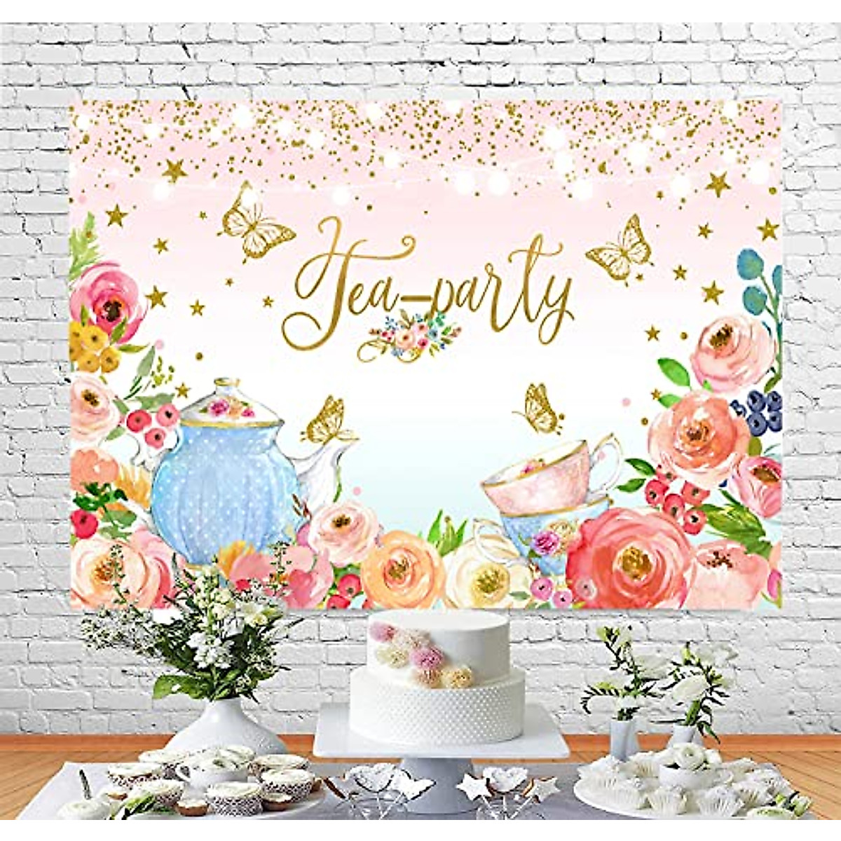 Pink Floral Tea Party Backdrop Glitter Gold Dots Butterfly Let's Partea Photography Background for Women Birthday Bridal Baby Shower Decorations Girls Wonderland Party Banner Photo Booth Props 10x7ft