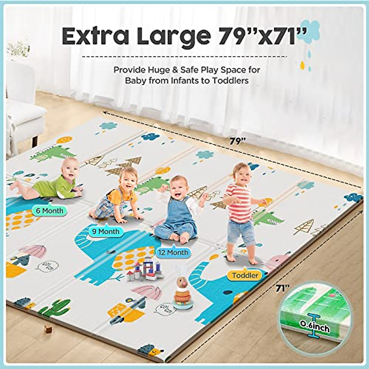 Gimars XL BPA Free 0.6 in Thickest Foldable Baby Play Mat, Waterproof Padded Foam Floor Baby Crawling Mat, Portable Play mat for Babies and Toddlers, Infants,Boys,Girls Indoor Outdoor Use (79" x71")
