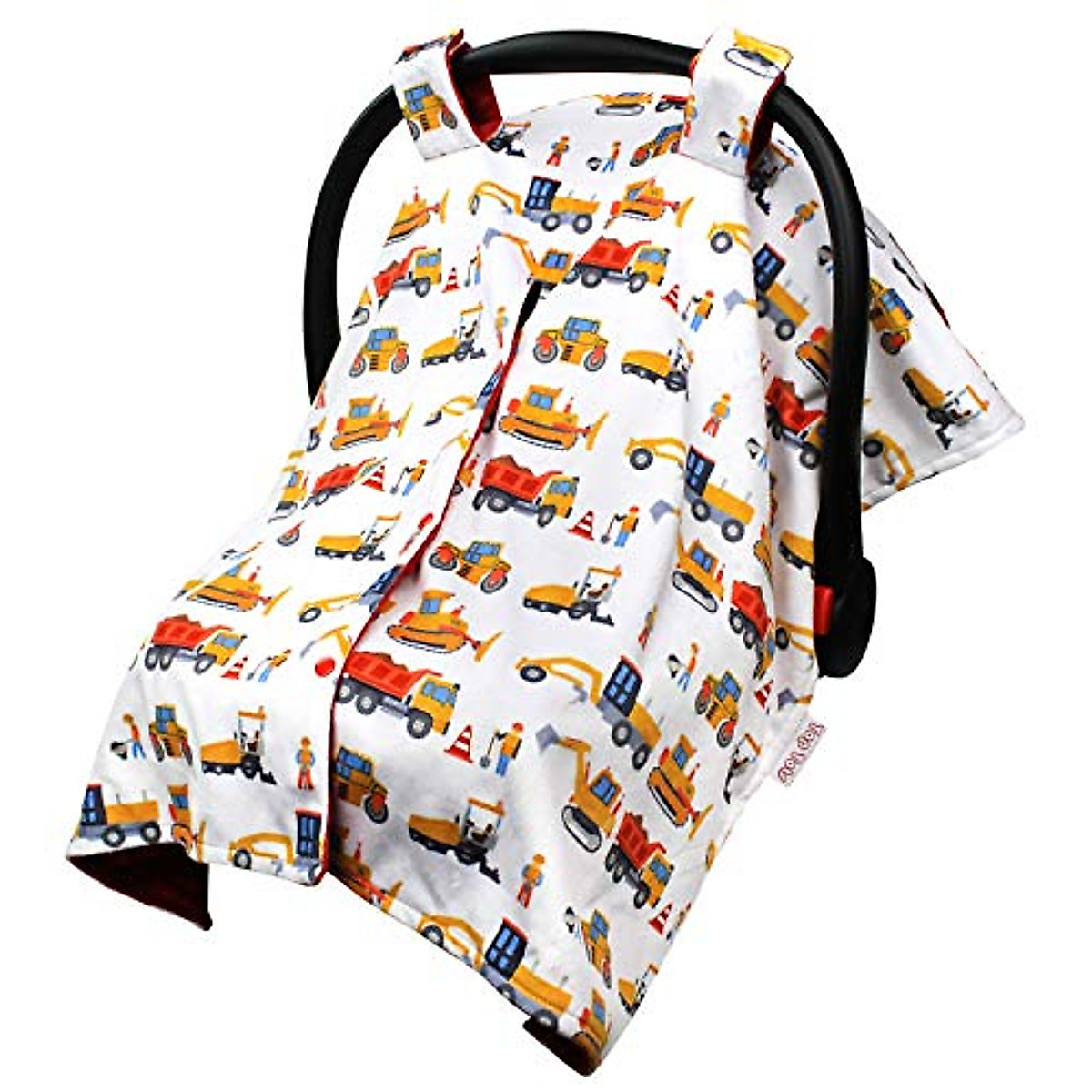 Baby Car Seat Canopy Cover - Construction Tractors with Red Minky Dot