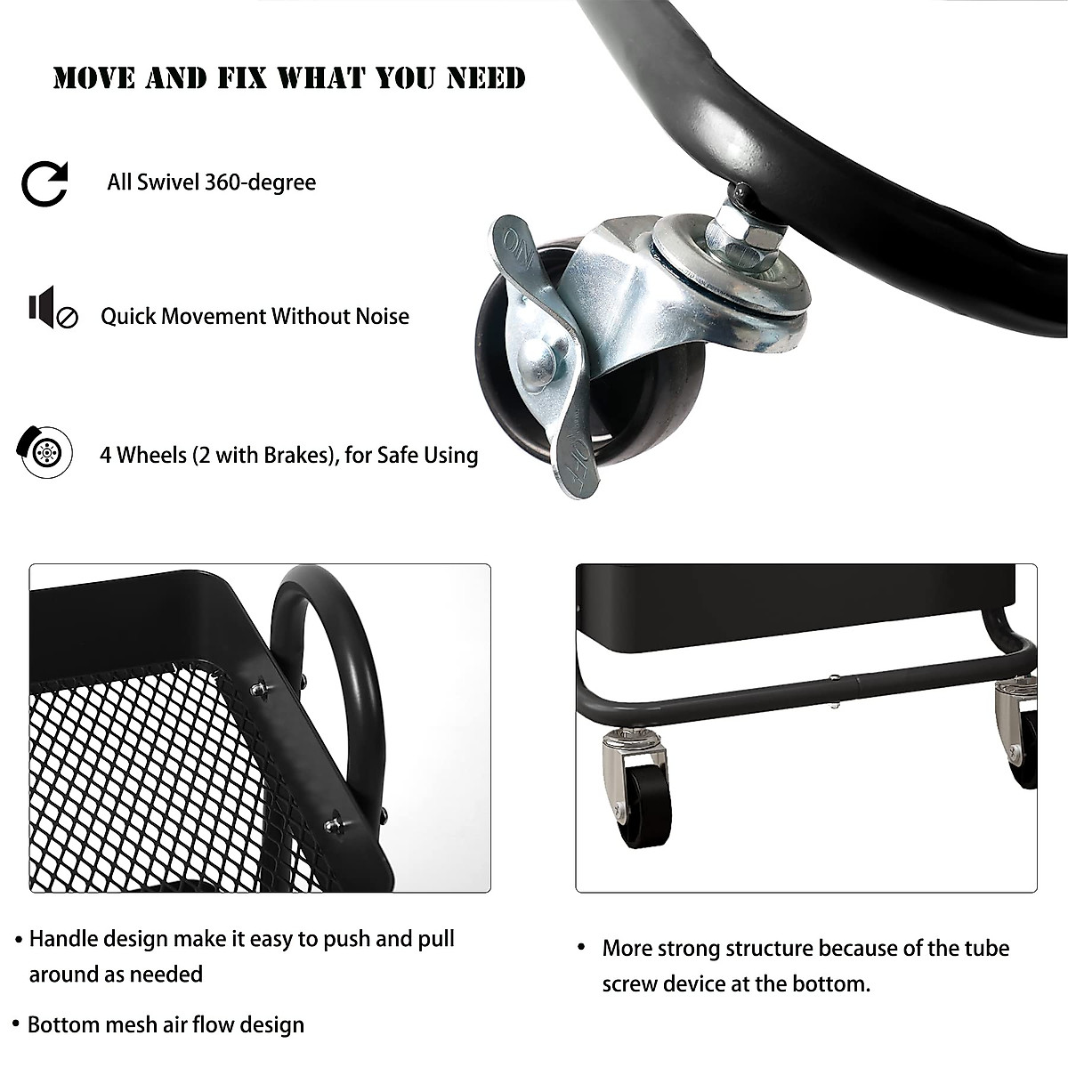 MIOCASA 4-Tier Metal Utility Rolling Cart, Heavy Duty Multifunction Cart with Lockable Casters, Easy to Assemble, Suitable for Office, Bathroom, Kitchen, Garden (Black)