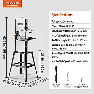 VEVOR Benchtop Band Saw, 10-Inch, Dual-Speed (560 & 1100 RPM), 370W 1/2HP Motor, Includes Metal Stand, Work Light, Fence, and Miter Gauge for Wood, Aluminum, Plastic Crafting