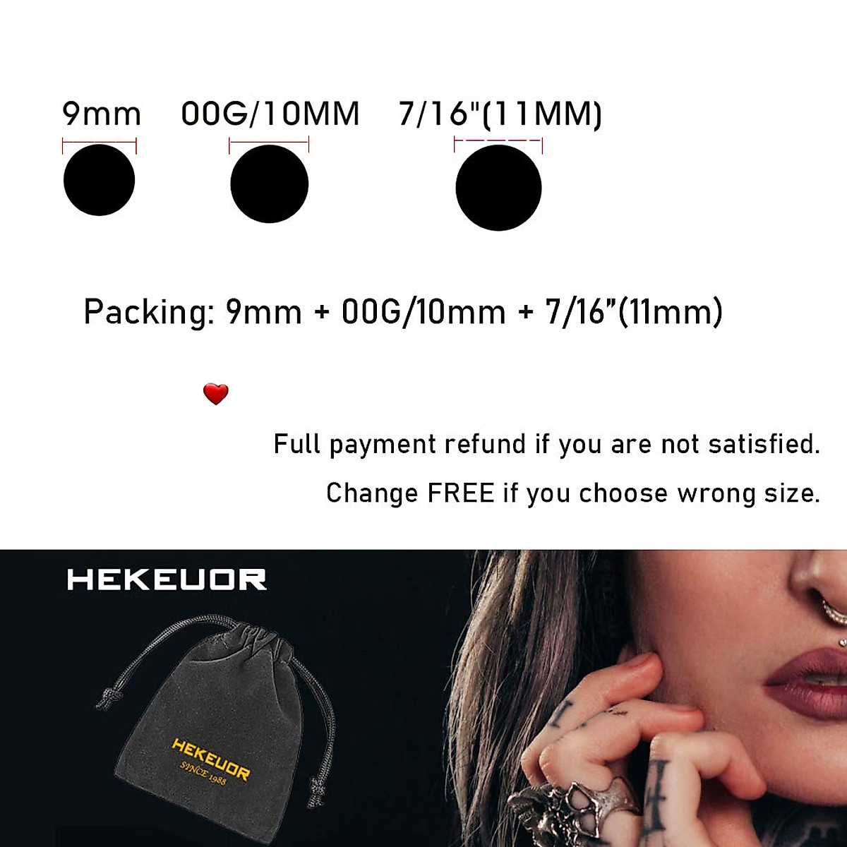 HEKEUOR 3 Size 9mm,10mm,11mm Steel Tapers and Steel Tunnels Ear Stretching Kit Tapers Tunnels 00g, 7/16" (Silver 9mm,10mm,11mm)