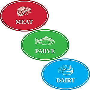 The Dreidel Company 24 Assorted Kosher Labels, 8 Blue Dairy, 8 Red Meat, 8 Green Stickers, Oven Proof up to 500°, Freezable, Microwavable, Dishwasher, English, Coded Kosher Kitchen Tools (24-Pack)