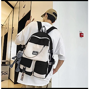 MININAI Preppy Backpack with Cute Monkey Pendant Cool Chain Aesthetic College Backpack Japanese Harajuku Alt Emo Laptop Bag (One Size,White)