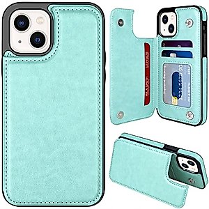 MMHUO for iPhone 13 Case Wallet Magnetic Back Flip Case for iPhone 13 Case for Women Girls with Card Holder Protective Case Phone Case for iPhone 13 6.1 Inches (2021),Mint