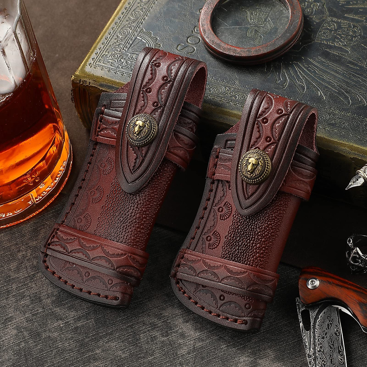 Omesio Pocket Knife Sheath Big (L), 5.28" (for <13.41cm Knife) Leather Knife Sheaths for Belt, Horizontal Knife Sheath for Belt Sideways, Brown Leather Sheath for Folding Knife