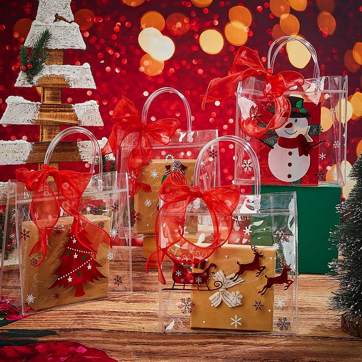 Henoyso 24 Pcs Christmas Clear Gift Bags with Handles Plastic Xmas Candy Treat Bags with Ribbon 7.8 x 7.8 x 3.1 PVC Gift Wrap Totes for Retail Wedding Birthday Party Favors(Red)