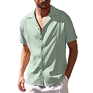 COOFANDY Men's Cuban Shirt Short Sleeve Linen Tops Casual Beach Button Up Shirts A - Light Green