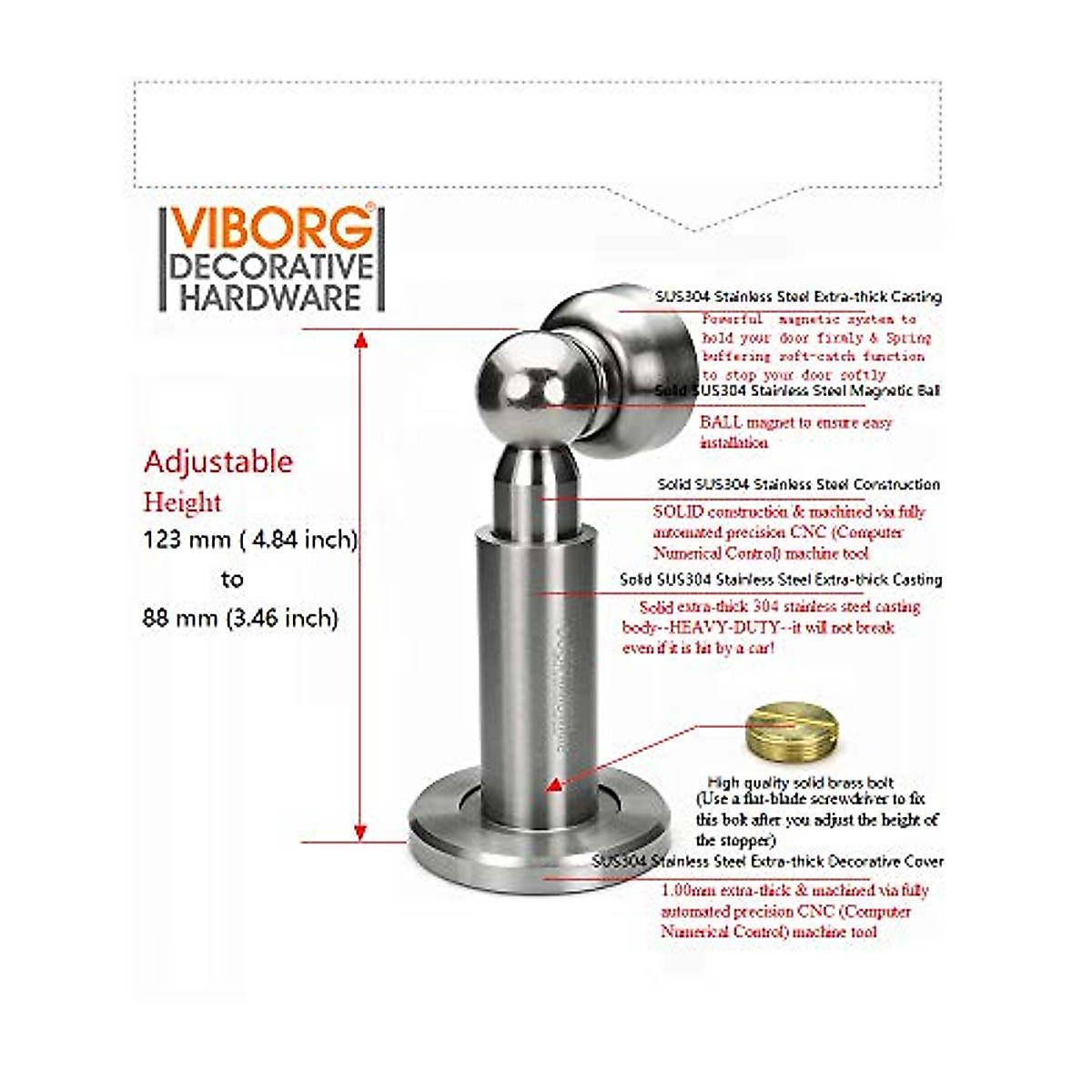 VIBORG Deluxe Solid Sus304 Stainless Steel Extra-Thick Casting Heavy Duty Adjustable Powerful Floor or Wall Mount Mounted Magnetic Doorstops Door Stopper Door Stop (1)