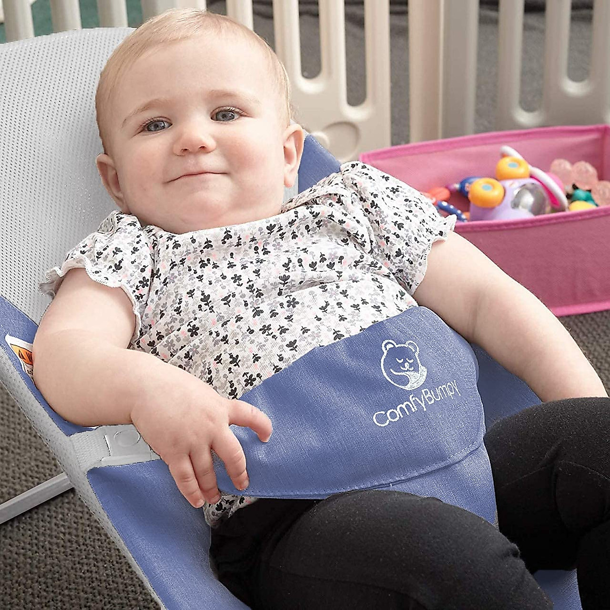 ComfyBumpy Ergonomic Baby Bouncer Seat - Bonus Travel Carry Case - Safe, Portable Bouncing Chair with Adjustable Height Positions - Infant Sleeper Bouncy Seat Perfect for Newborn Babies (Blue)