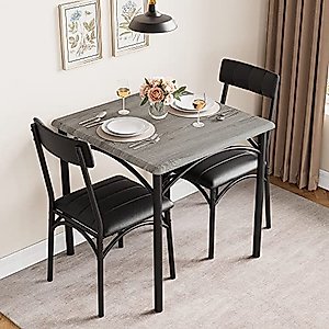 IDEALHOUSE Dining Table Set, Kitchen Table and Chairs for 2, Metal and Wood Square Dining Room Table Set with 2 Upholstered Chairs, 3 Piece Dining Table Set for Small Space, Apartment, Rustic Grey